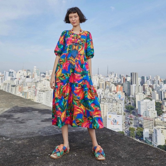 FARM Rio | Dresses | Farm Rio The Blue Bananamix Puff Sleeve Midi Dress ...